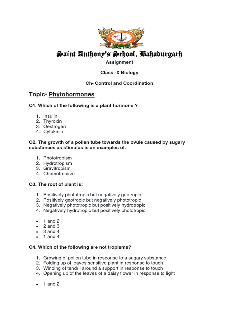 Class X CH - Control and Coordination Assignment | PDF | Neuron ...