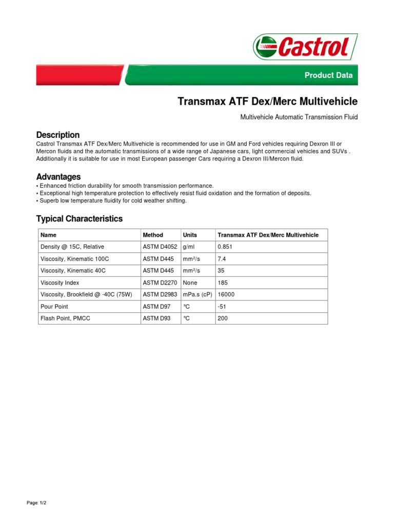 Castrol Transmax ATF Dex/Merc Overview | PDF | Car | Motor Vehicle