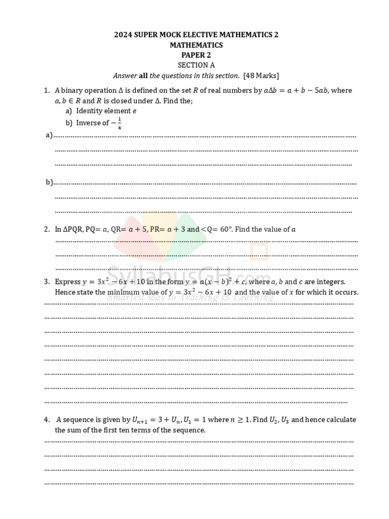 2024 Wassce Super Mock Elective Maths 2 Pdf Mathematics Abstract