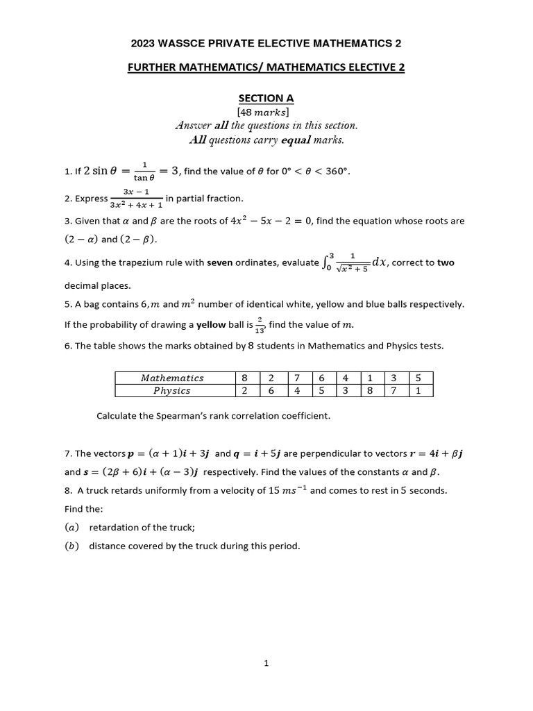 2023 Wassce Private Elective Maths 2 | PDF | Mathematics