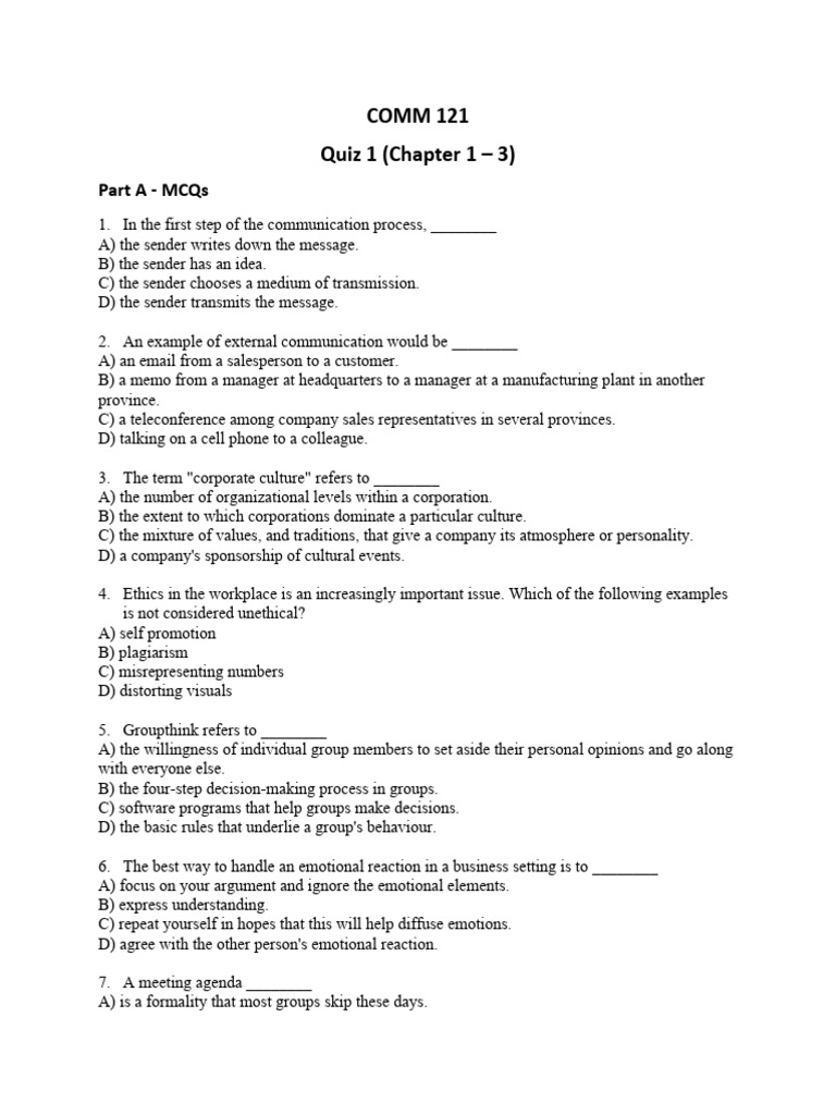 COMM 121 - Chapter 1 - 3 Quiz | PDF | Communication | Nonverbal Communication