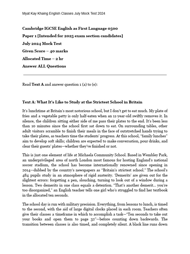 Cambridge IGCSE English As A First Language 0500 Mock Test 2025 ...