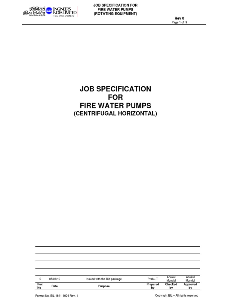 Job Specification For Fire Water Pumps - Centrifugal Horizontal | PDF ...