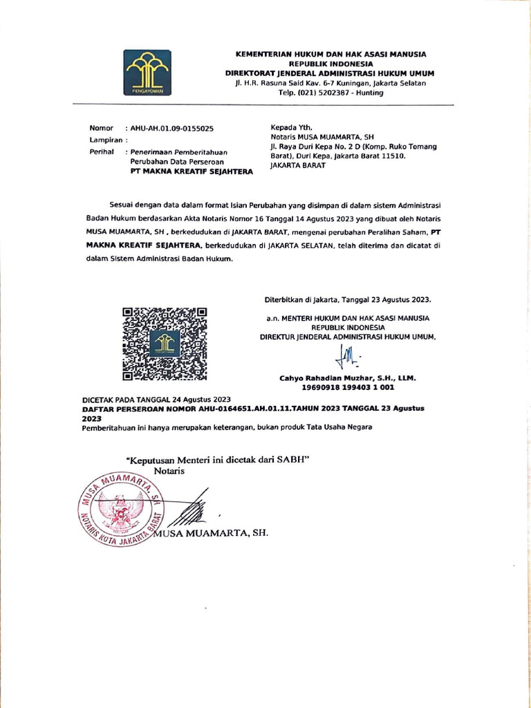 Pemberitahuan Perubahan Data Perseroan PT. Makna Kreatif Sejahtera | PDF