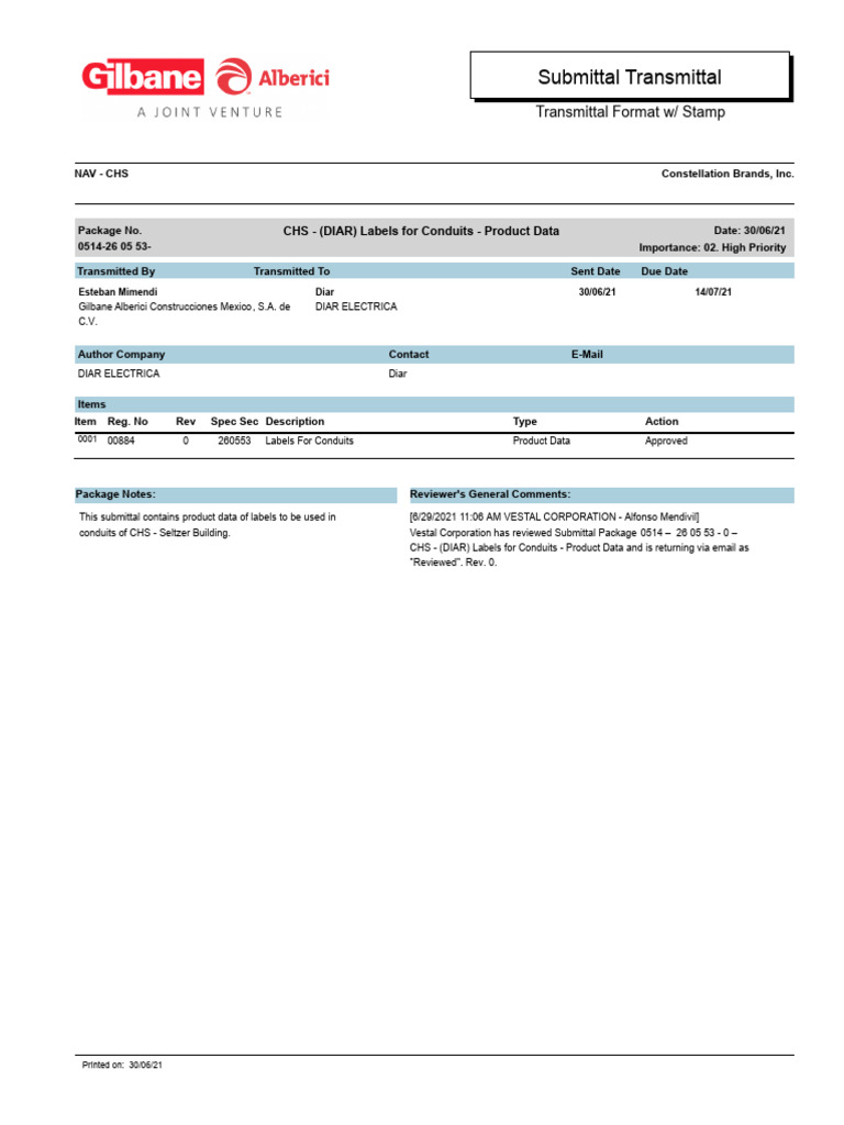 Submittal Package 0514 - 26 05 53 - CHS - (DIAR) Labels For Conduits ...