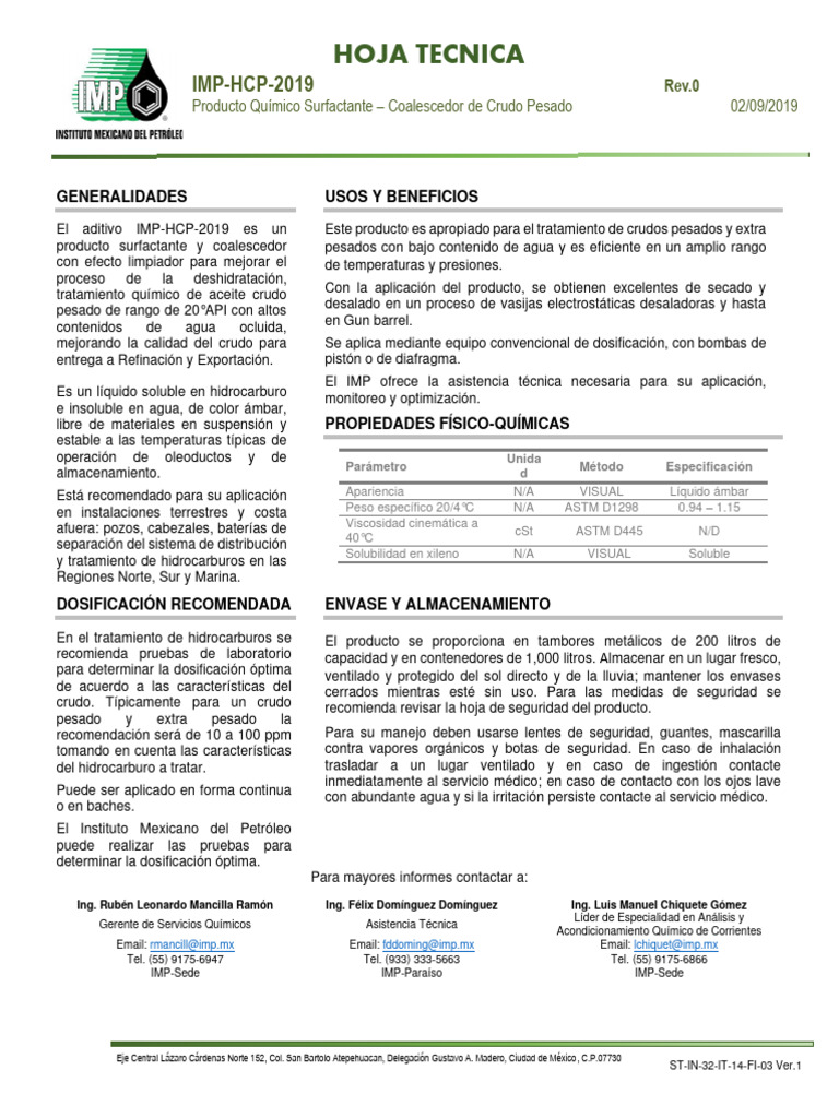 Hoja Técnica IMP-HCP-2019 | PDF | Petróleo | Solubilidad