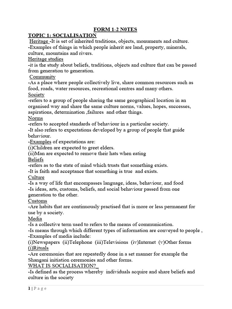 HERITAGE - STUDIES - NOTES - FORM - 1-4 Work | PDF | Socialization ...