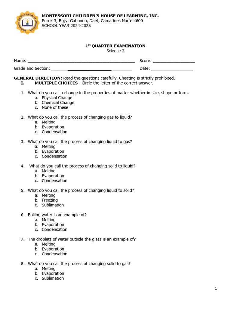 SCIENCE 2-TEST PAPER | PDF | Water | Ice