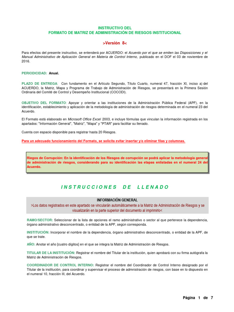 Instructivo para La Integración y Desarrollo de Los RIESGOS en La Matriz de Administración de ...
