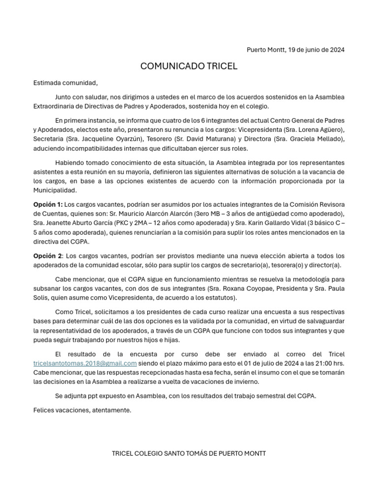 Comunicado Tricel - 240709 - 164956 | PDF | Gobierno