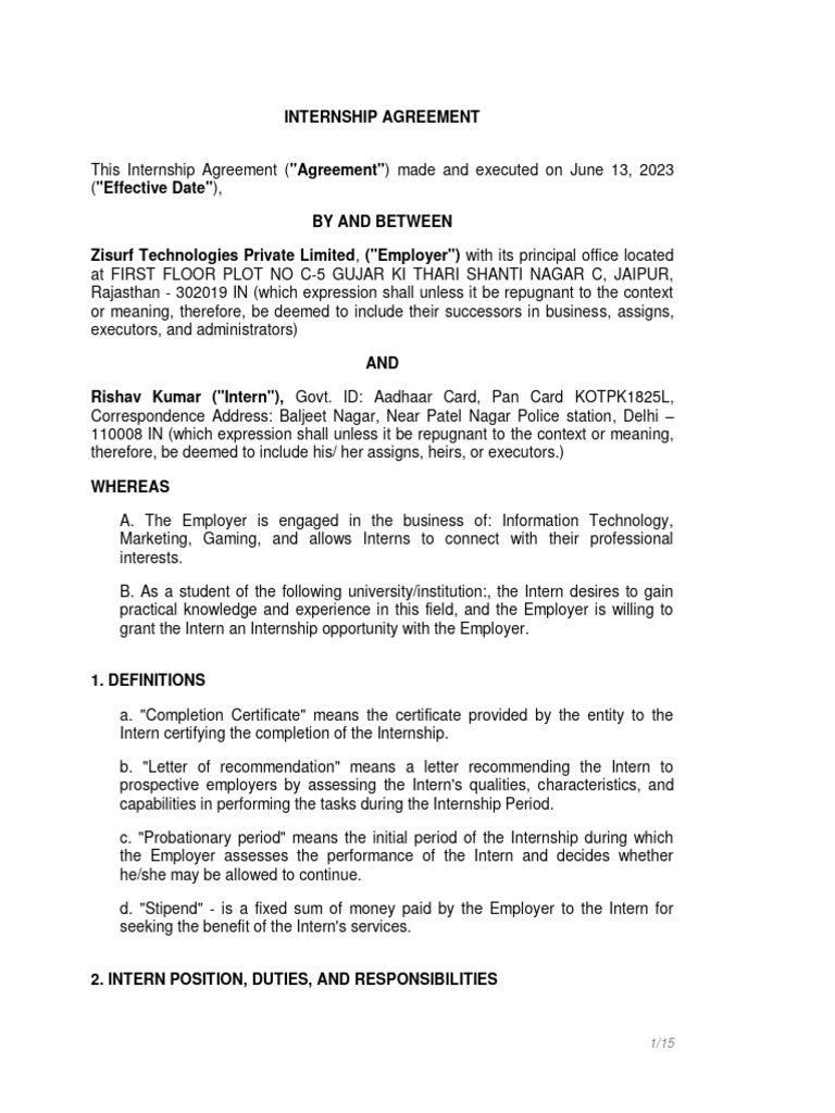 Internship Agreement Signed | PDF | Indemnity | Copyright