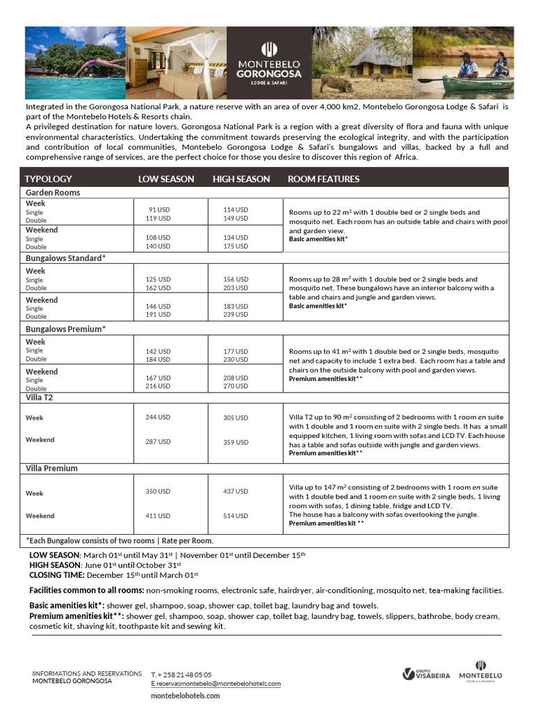 2024 - Montebelo Gorongosa Lodge Safari - BAR Rate - USD | PDF | Credit ...