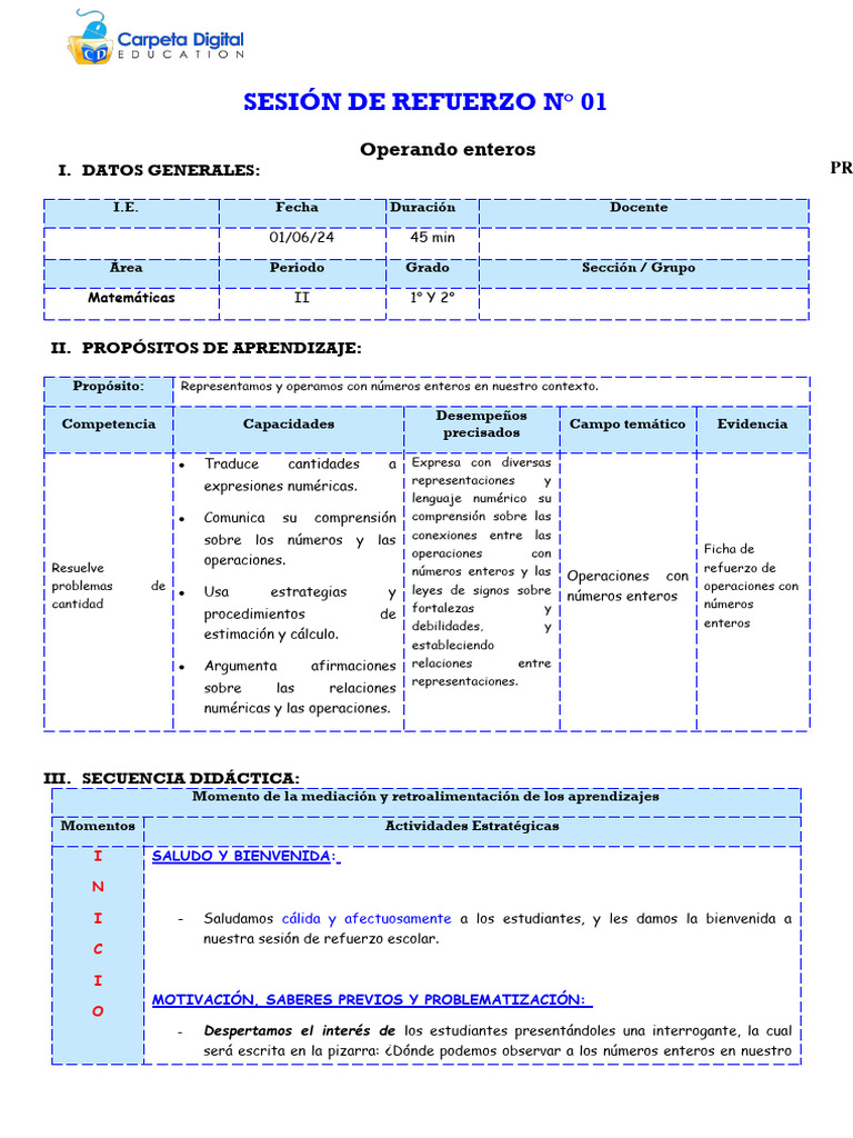 Sesión de Refuerzo 1 - 1ro y 2do | PDF | Aprendizaje | Evaluación