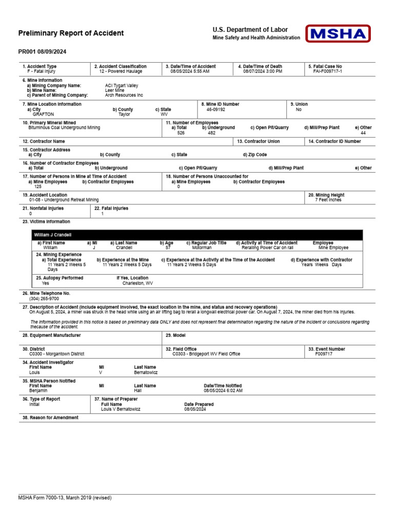 MSHA Preliminary Report | PDF | Mining | Heavy Industry