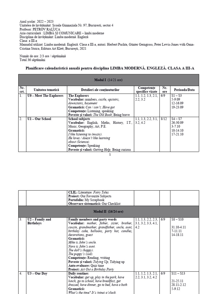 Planificare Clasa A3 A Artklett | PDF