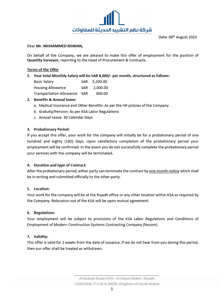 Mohammed Riswan NZ Offer Job | PDF | Employment | Business Law