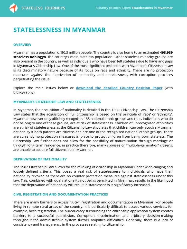 StatelessJourneys Myanmar Summary | PDF | Rohingya People | Nationality