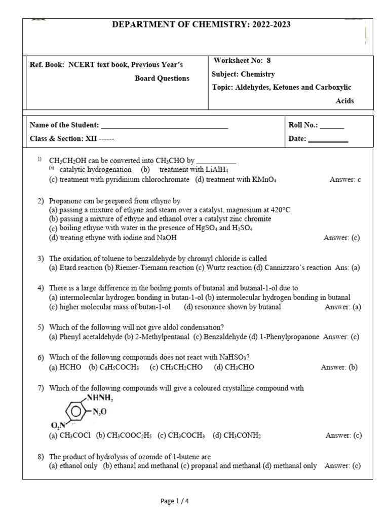 Aldehydes, Ketones and Carboxylic Acids MCQ Assertion-3 | PDF | Aldehyde | Carboxylic Acid