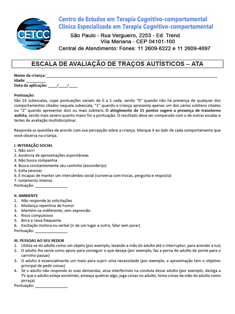 Escala Avaliação ATA | PDF | Aprendizado | Dormir