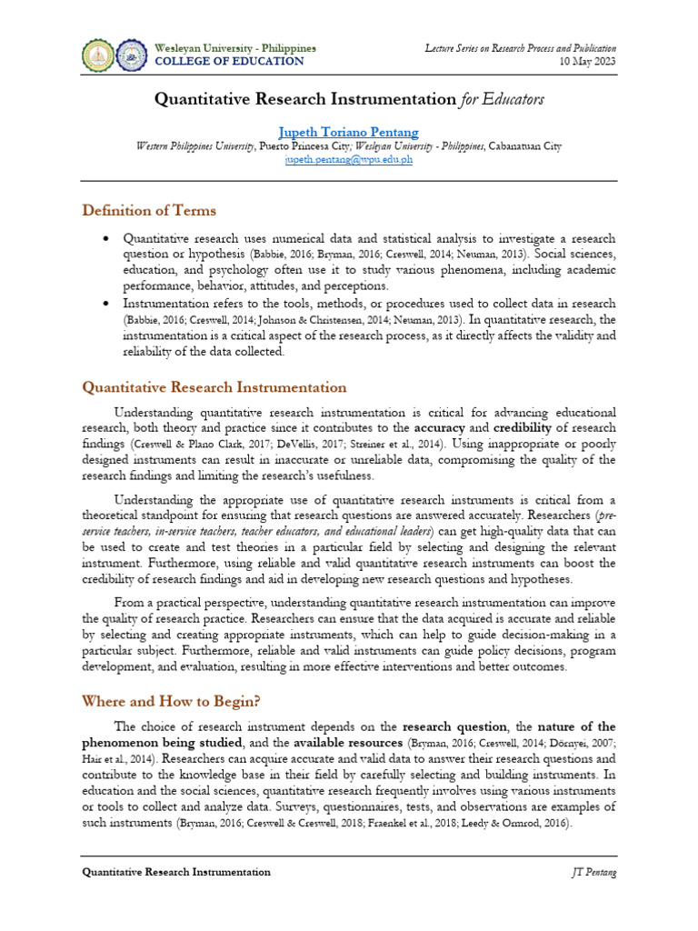 Quantitative Research Instrumentation For Educators: Definition of Terms | PDF | Survey ...