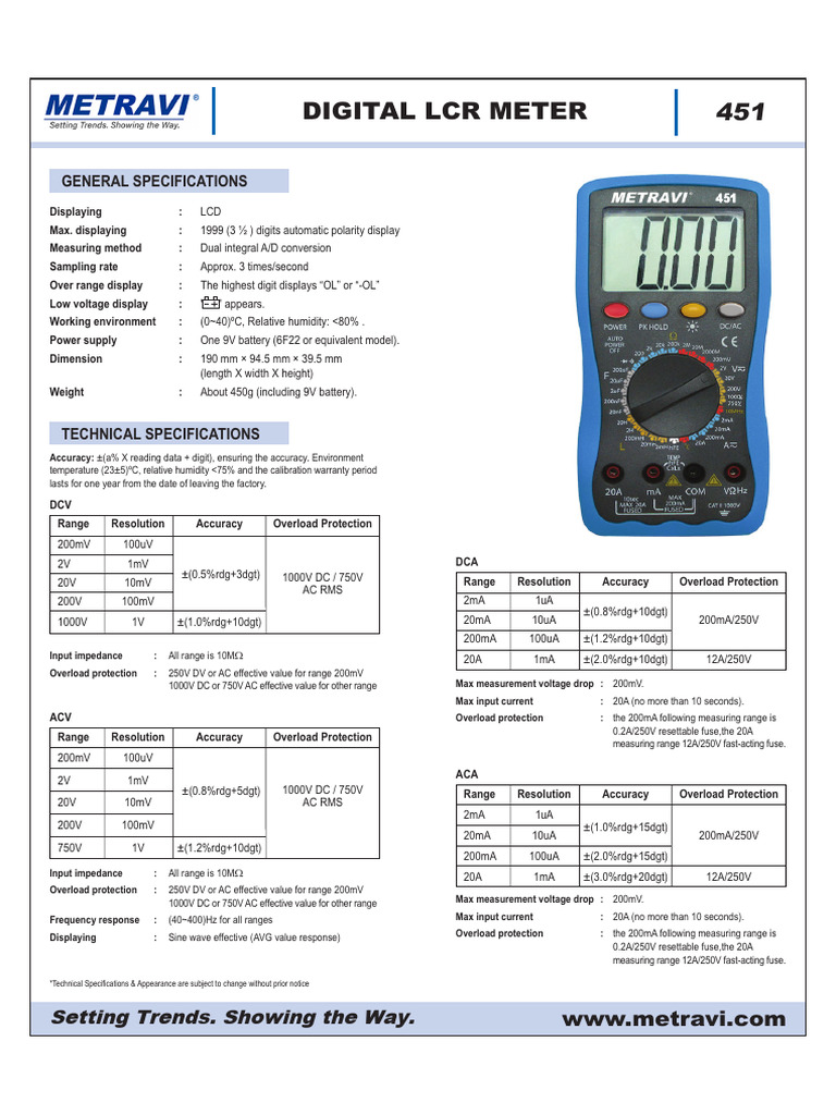 Metravi 451 Digital LCR Meter With Multimeter Catalogue | PDF | Analog ...