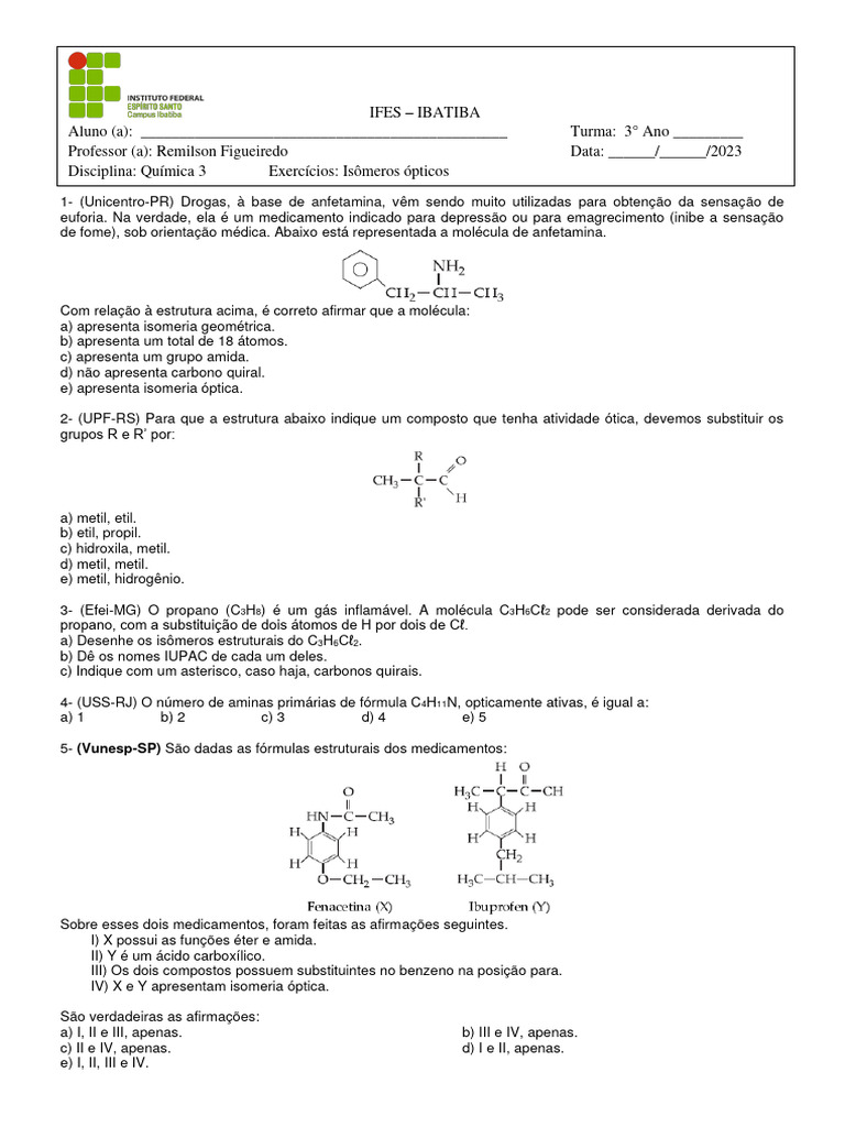 Lista-Exer-16-Qui-3ano-23-1-Isômeros Ópticos | PDF | Isômero | Ciências Físicas