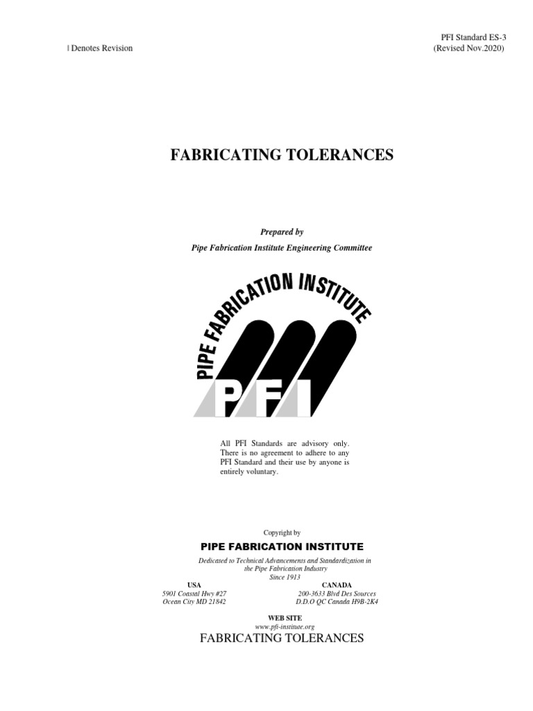 PFI ES-03 - 2020 - Fabrication Tolerances | PDF | Pipe (Fluid Conveyance) | Engineering Tolerance