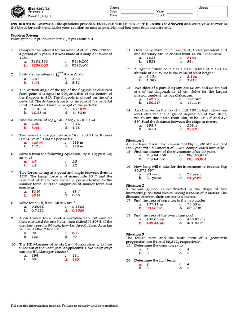 Pre-Test 1A Answers | PDF | Elementary Geometry | Euclidean Geometry