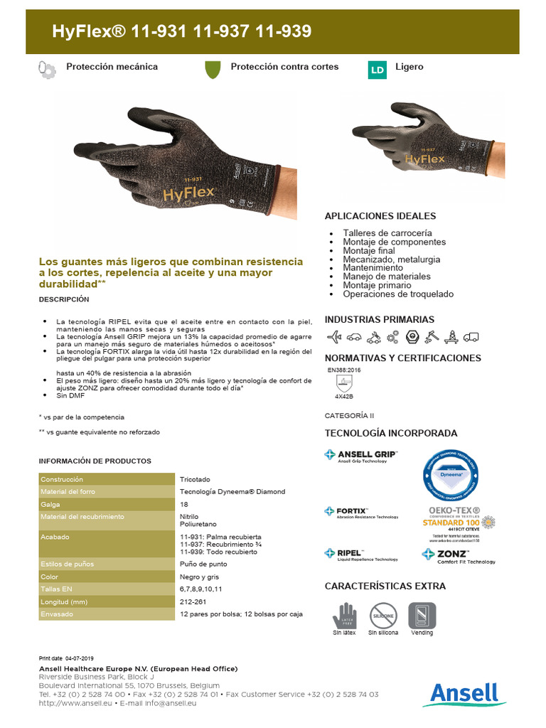 Ficha Proveedor Guante Ansell Hyflex 11 939 143808 | PDF