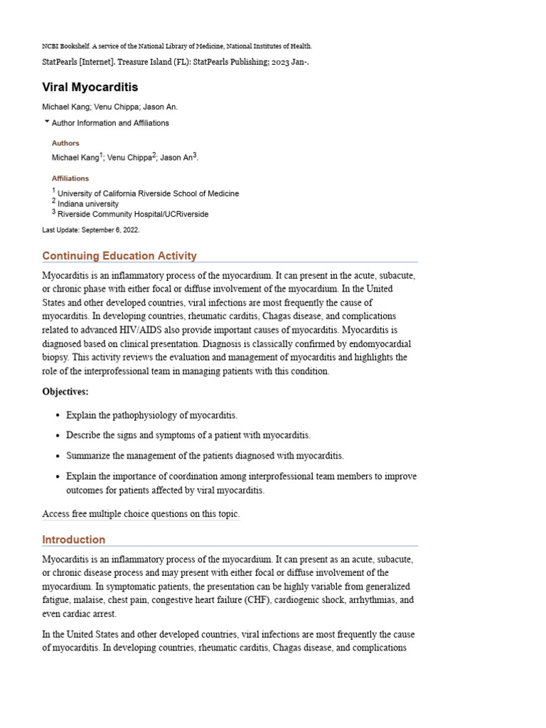 Viral Myocarditis - StatPearls - NCBI Bookshelf | PDF | Heart Failure ...