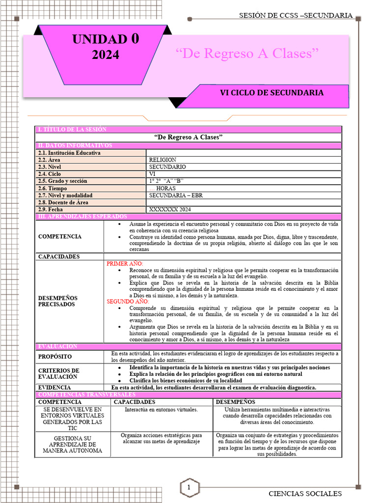 1º 2° Ses Act 0 - Religion 2024 | PDF | Evaluación | Aprendizaje