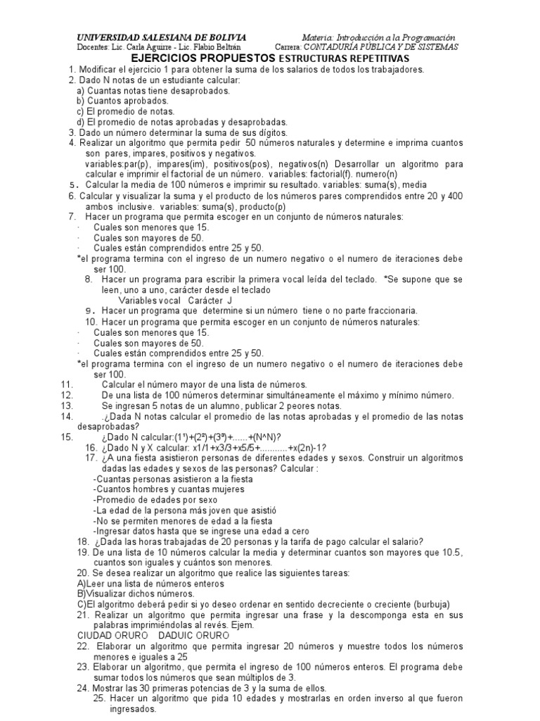 Ejerpropuestos Estructuras Repetitivas | PDF | Algoritmos | Número primo