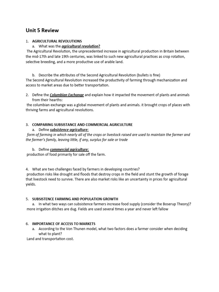 Unit 5 - Student Questions | PDF | Agriculture | Green Revolution