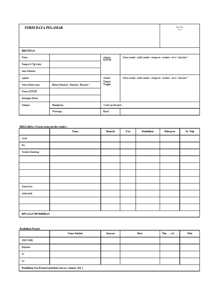 Formulir Data Pelamar Kerja Lengkap | PDF