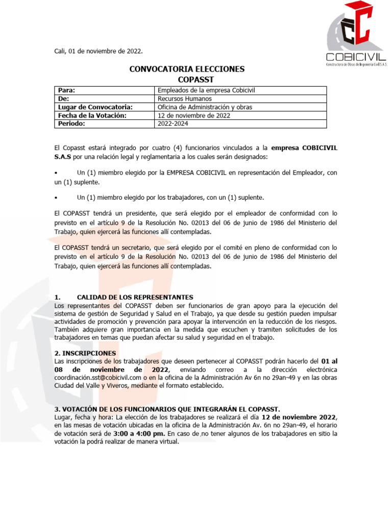 2.convocatoria Elecciones Copasst | PDF | Seguridad y salud ocupacional ...
