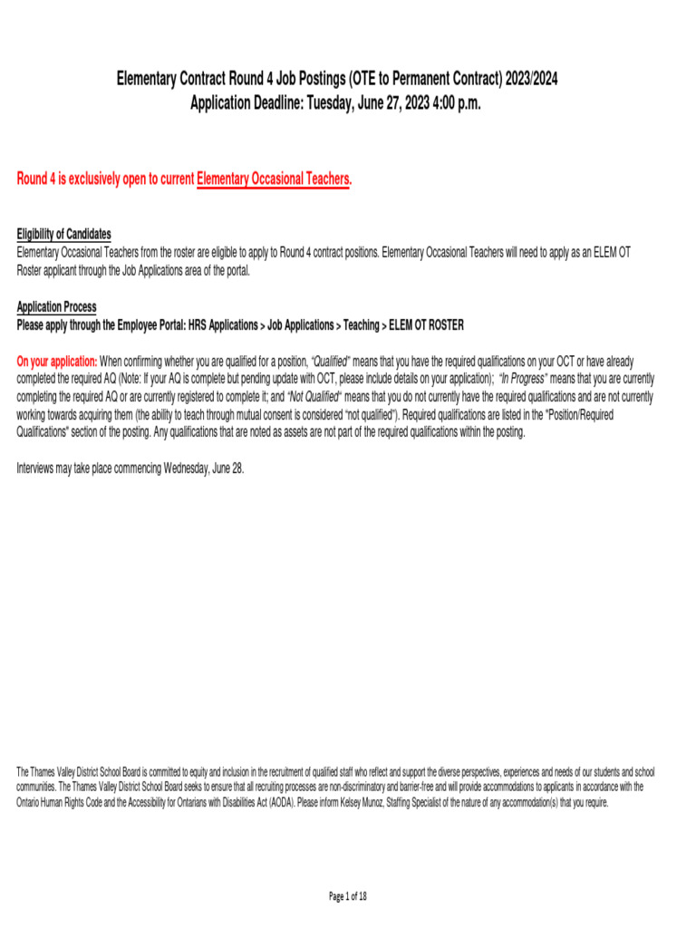 Elementary Contract Round 4 Job Posting 23-24 | PDF | Schools | Middle ...