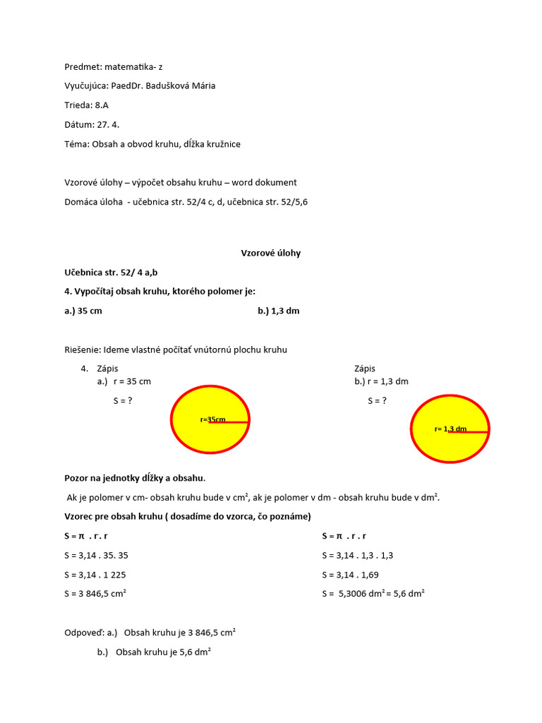 8 R Vzorové Úlohy - Obsah Kruhu 18532838475ea681ff5bb10 | PDF