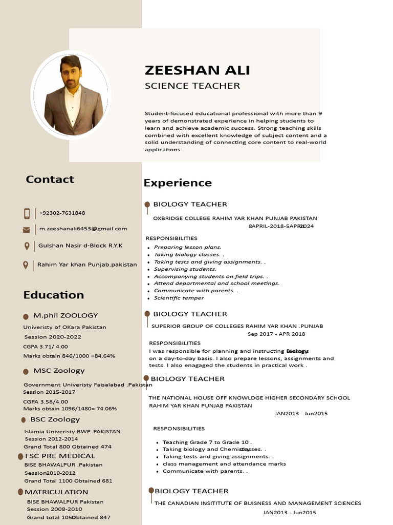 Biology Teacher Profile: Zeeshan Ali | PDF | Teachers | Behavior Modification