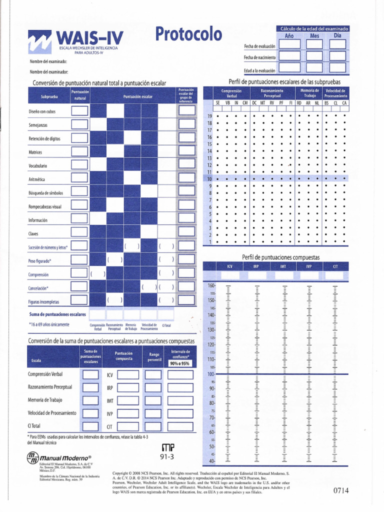 Wais-Iv Protocolo | PDF | Escala de inteligencia para adultos de Wechsler | Recopilación de datos