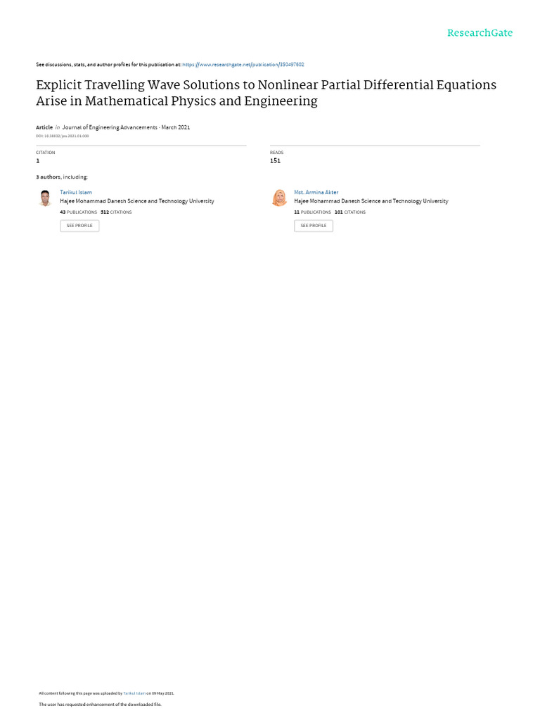 Explicit Travelling Wave Solutions To Nonlinear Partial Differential Equations Arise in ...