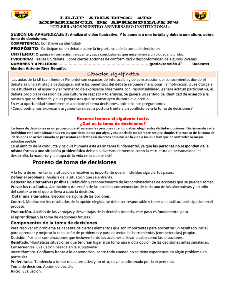 DPCC 4° Ficha 3 Eda 6 2022 | PDF | Toma de decisiones | Ciencias del comportamiento