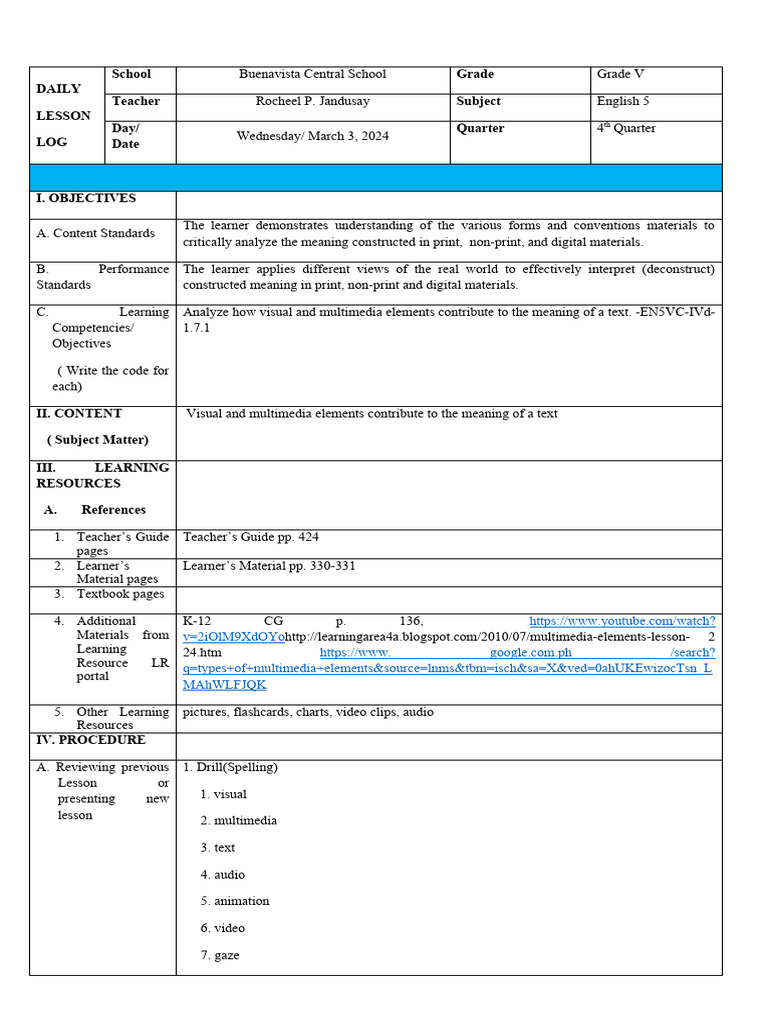 Grade V English Lesson Plan: Multimedia Elements | PDF | Multimedia ...