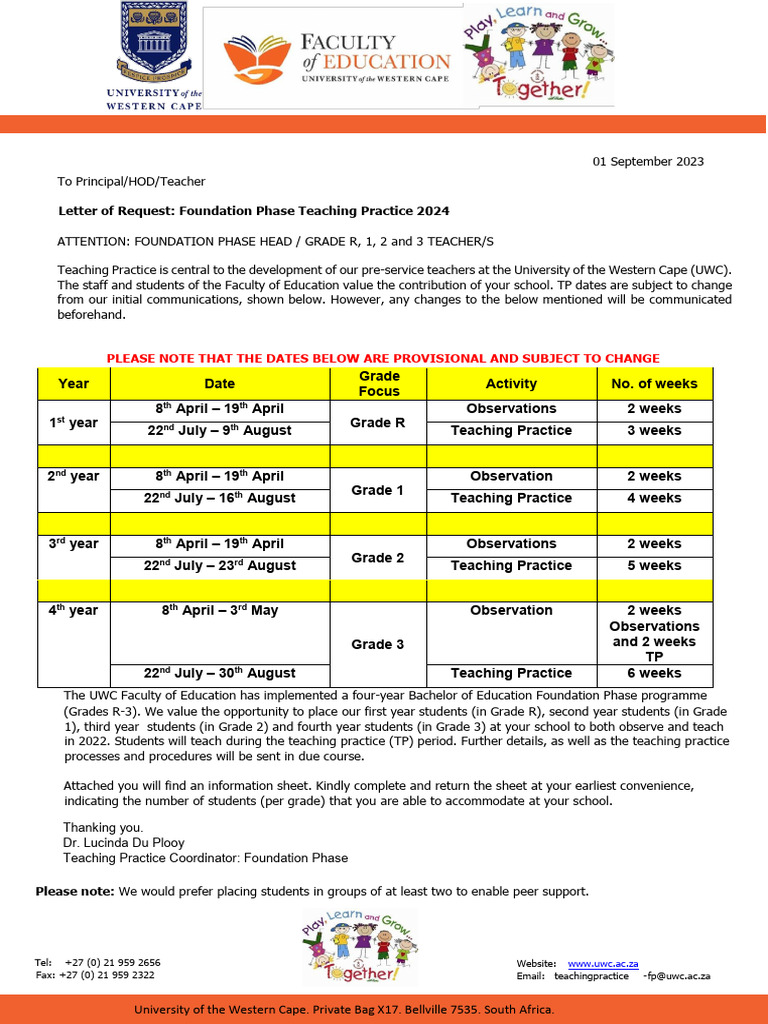 UWC Foundation Phase Teaching Practice 2024 | PDF