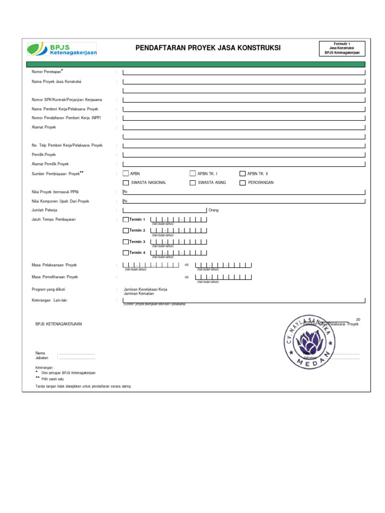Formulir Jasa Konstruksi BPJS Ketenagakerjaan | PDF