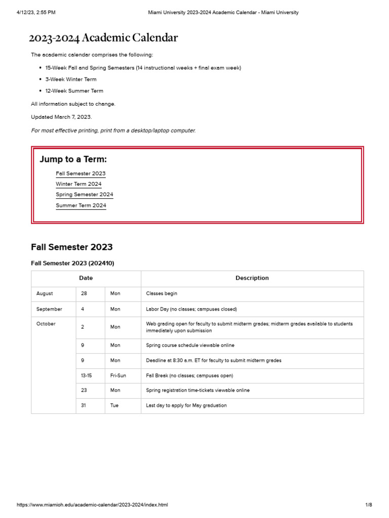Miami University 2023-2024 Academic Calendar - Miami University | PDF ...