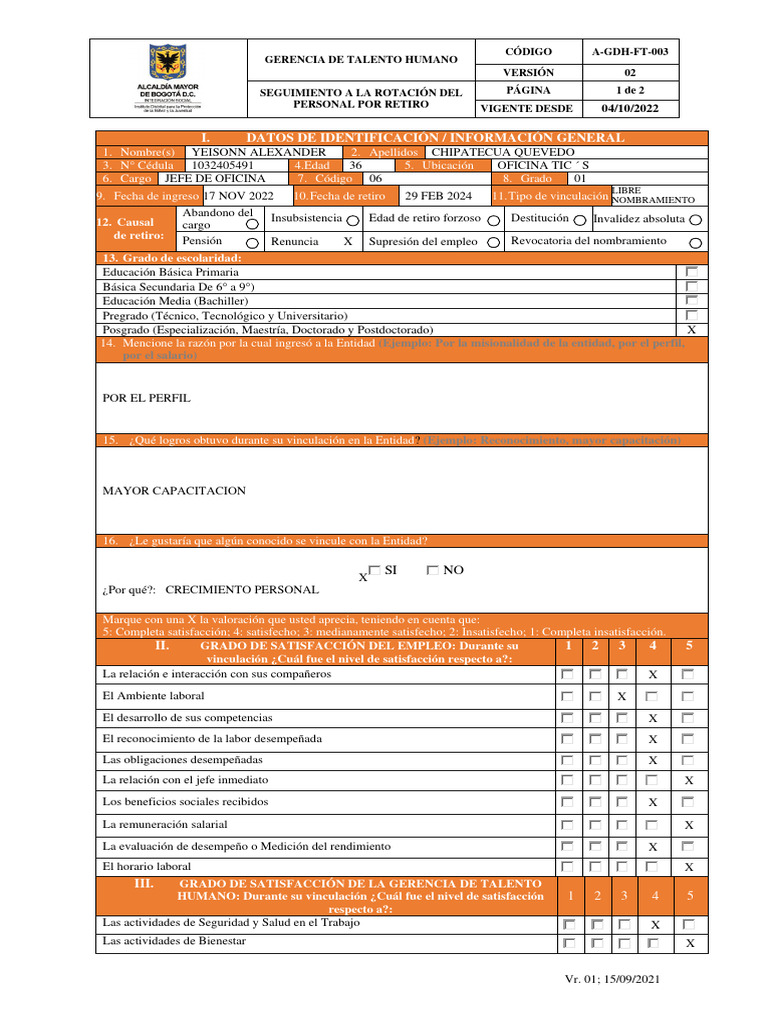 Seguimiento A La Rotación Del Personal A-Gdh-Ft-003 VR 02 | PDF ...
