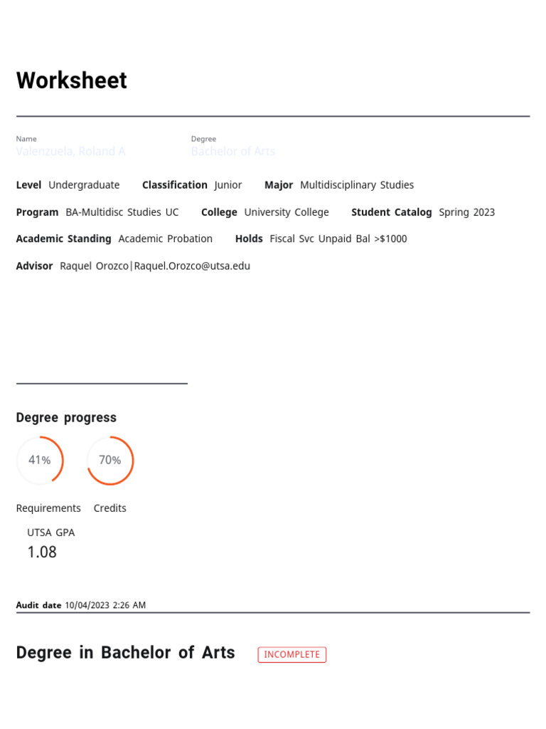 UTSA Multidisciplinary Studies Audit | PDF | Liberal Arts Education ...