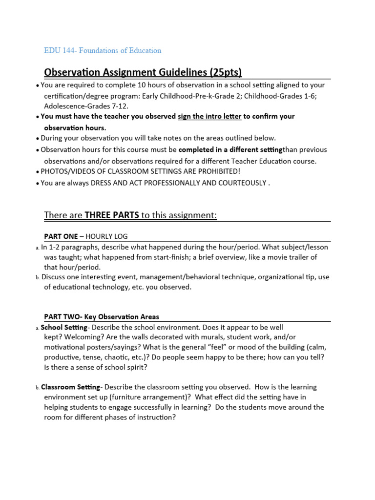 Observation Assignment Guidelines (25pts) : There Are Three Parts To This Assignment | PDF ...