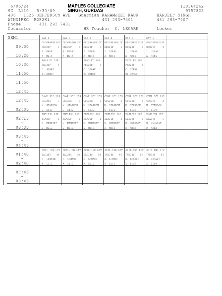 Maples Collegiate Class Schedule | PDF