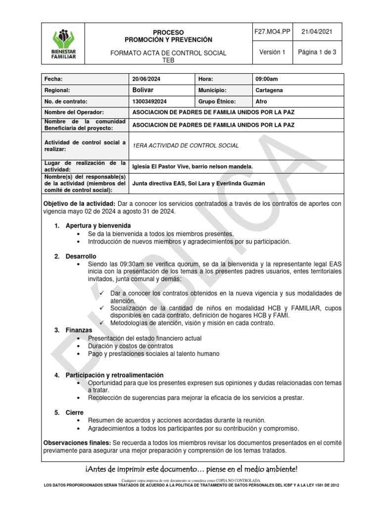 Acta Control Social | PDF